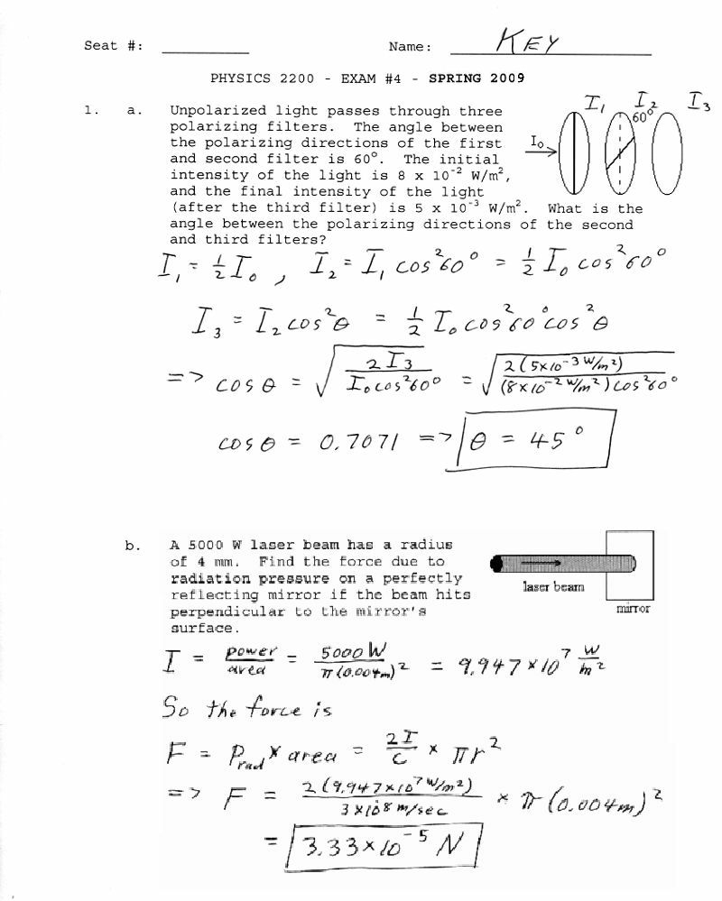 Physics 2220 Exam Solutions (Spring 2009) Physics 2220 Exam Solutions (Spring 2009)